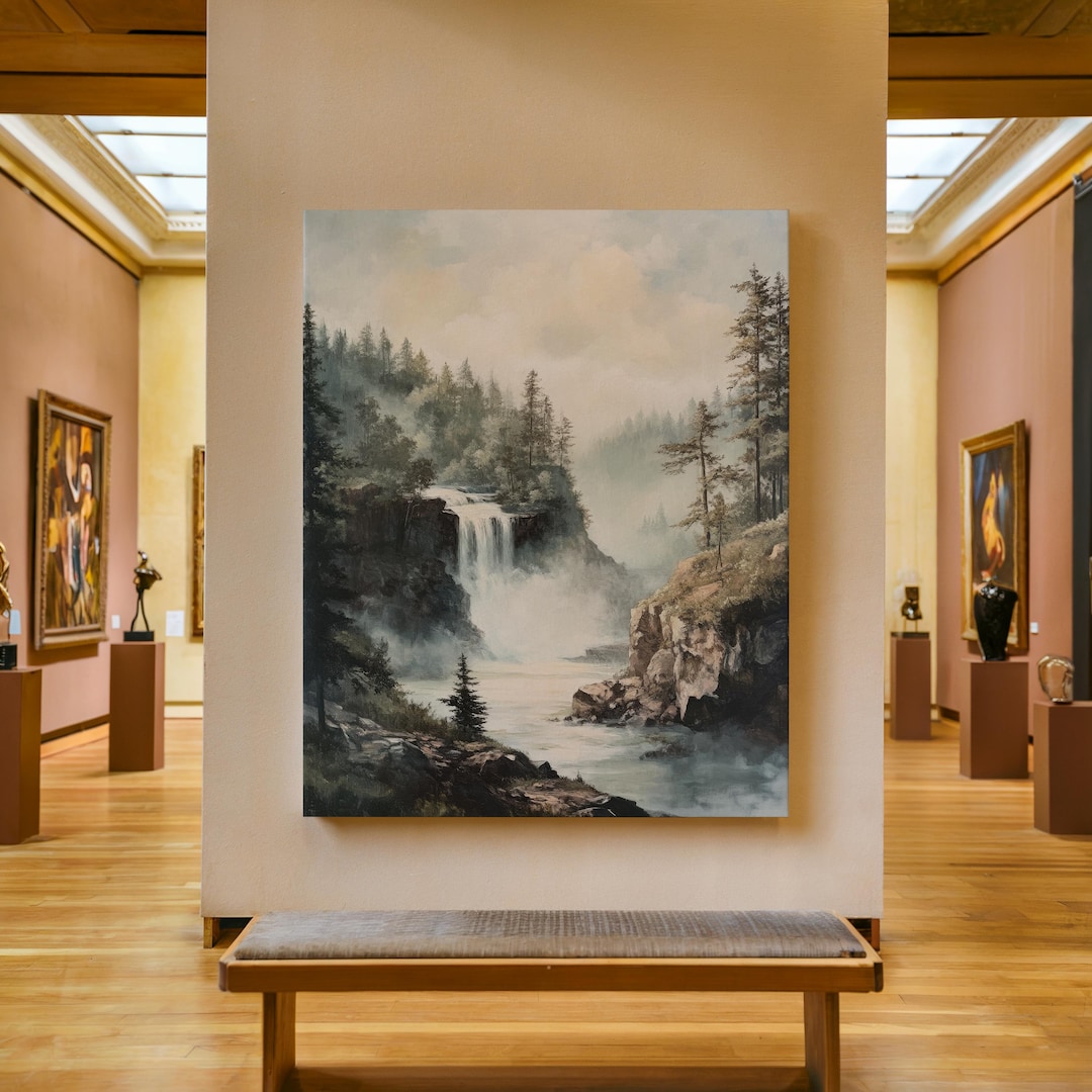 Waterfall Canvas Print, Mountain Waterfall Painting, Nature Wall Art ...