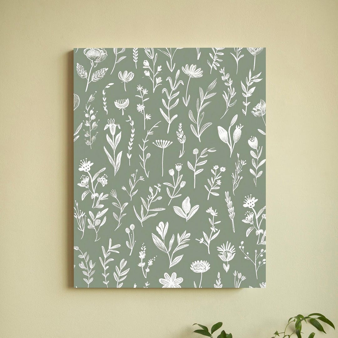 Floral Canvas Wall Art, Sage Green Botanical Minimalist Painting ...