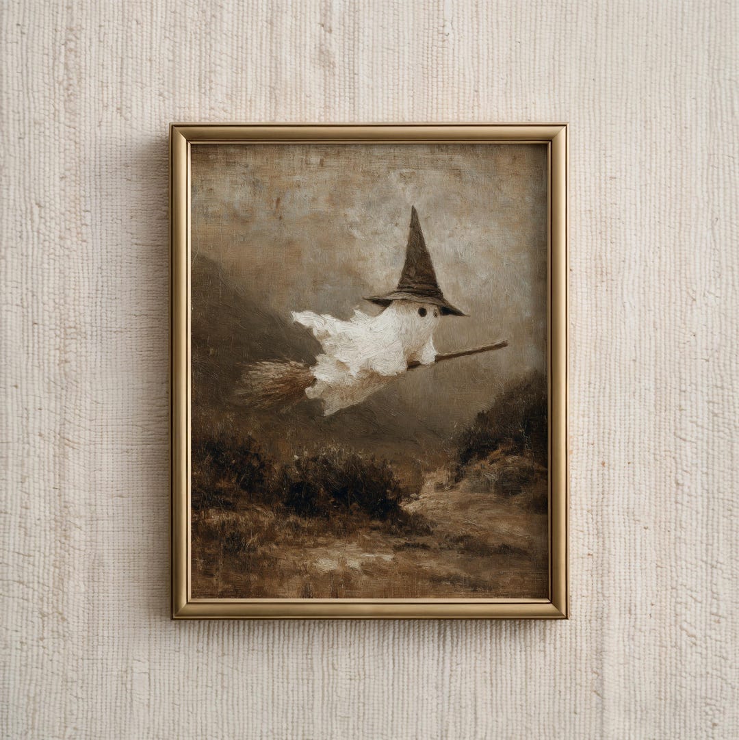 Halloween Wall Art Print, Flying Ghost on Broomstick Painting, Moody ...