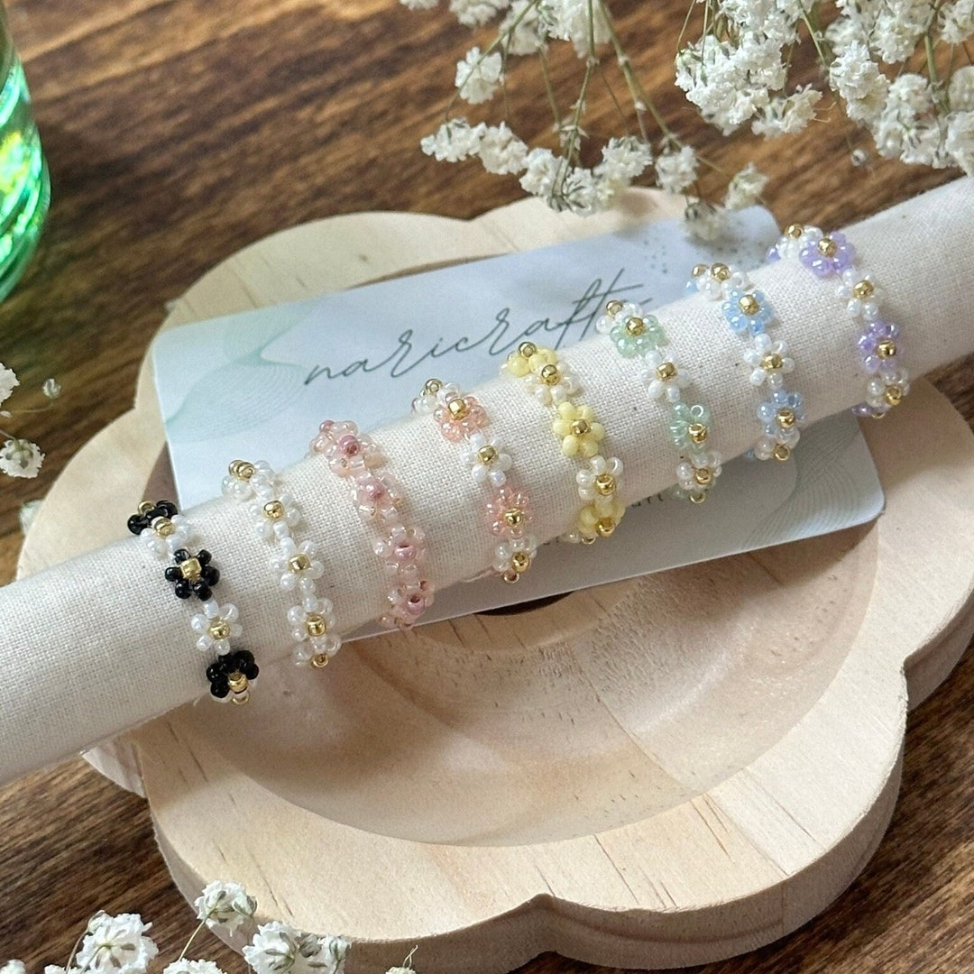 Daisy Chain Ring | Beaded White and Pastel Flowers With Gold Accents ...