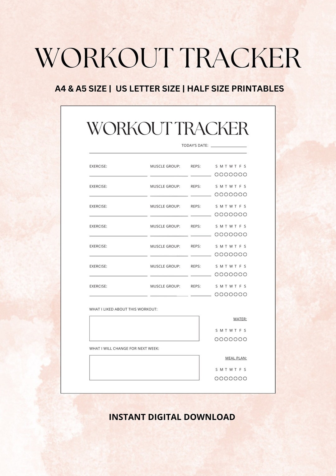 Daily Workout Tracker Progress Tracker Workout Log Fitness Health A4 A5 ...