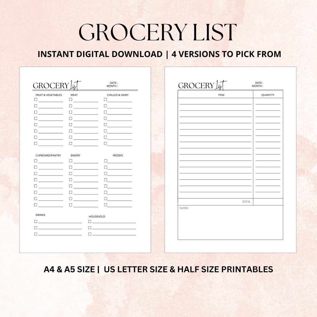 Simple Grocery List | Multiple Design Options |printable Digital ...
