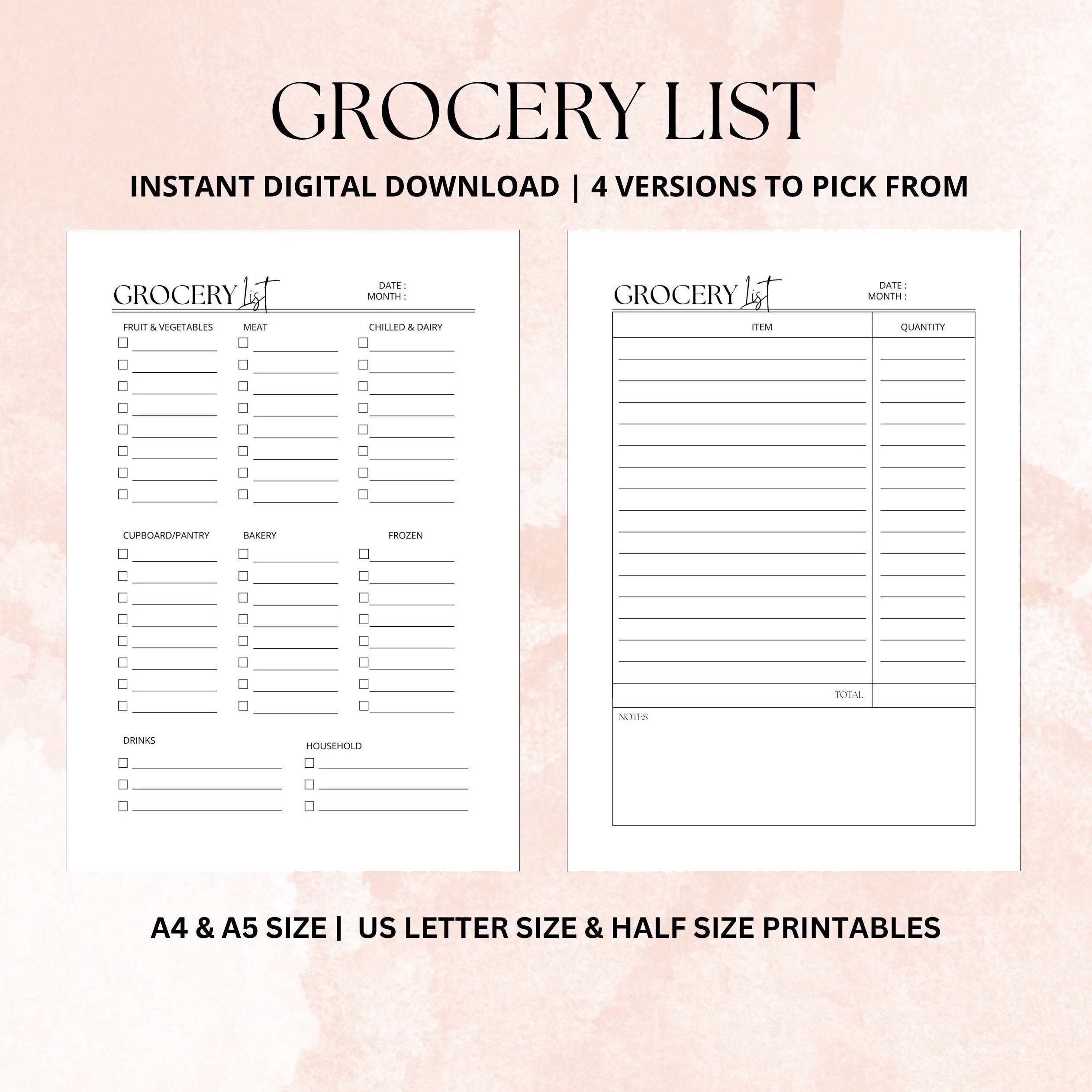 Simple Grocery List | Multiple Design Options |printable Digital ...
