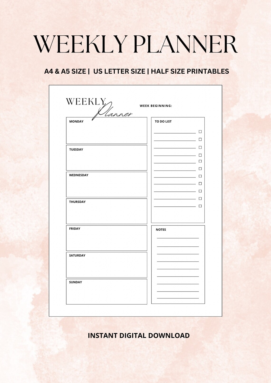 Simple Weekly Planner | Weekly Organizer | to Do List and Notes ...