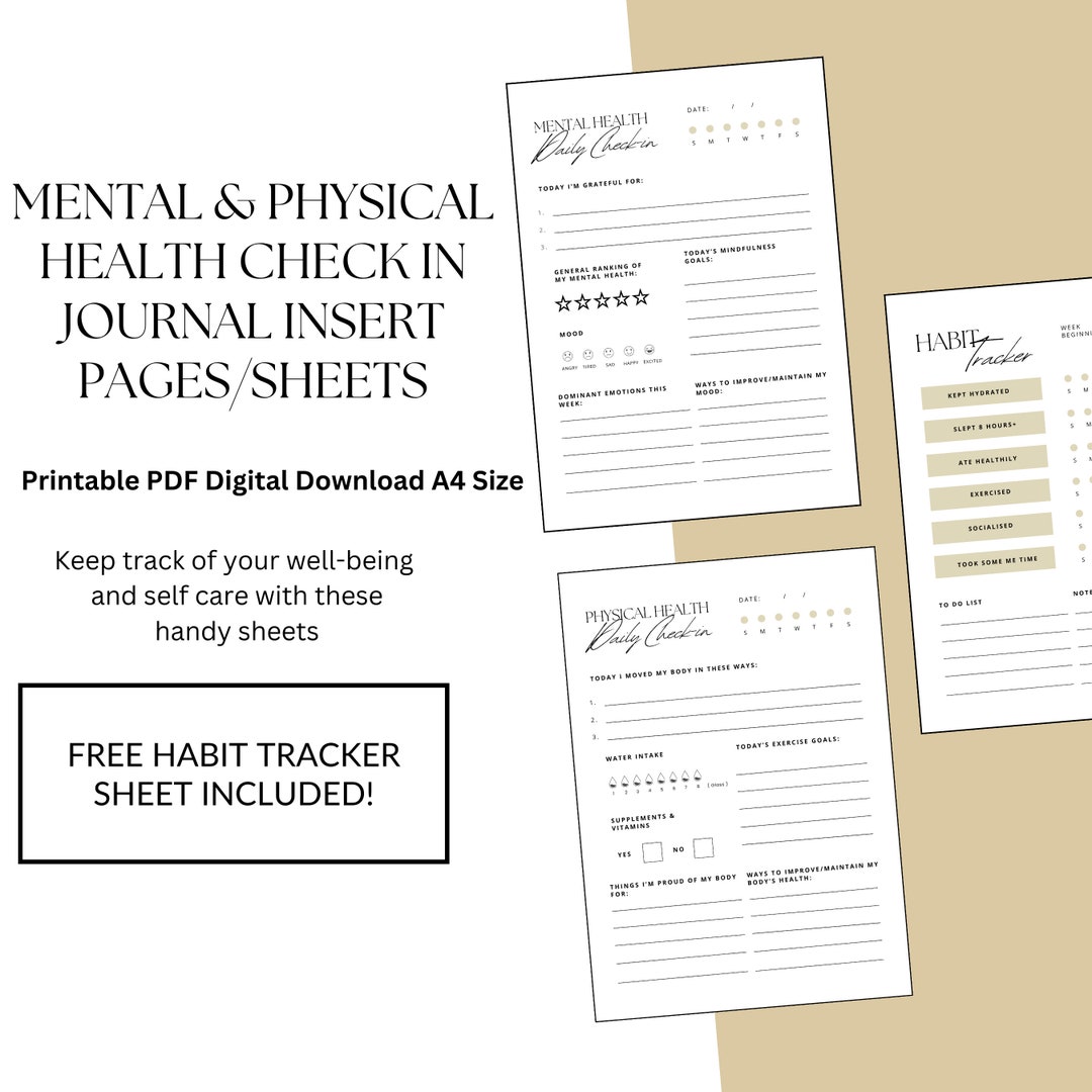 Daily Mental & Physical Health Check-in Sheets Journal Insert Pages A4 ...