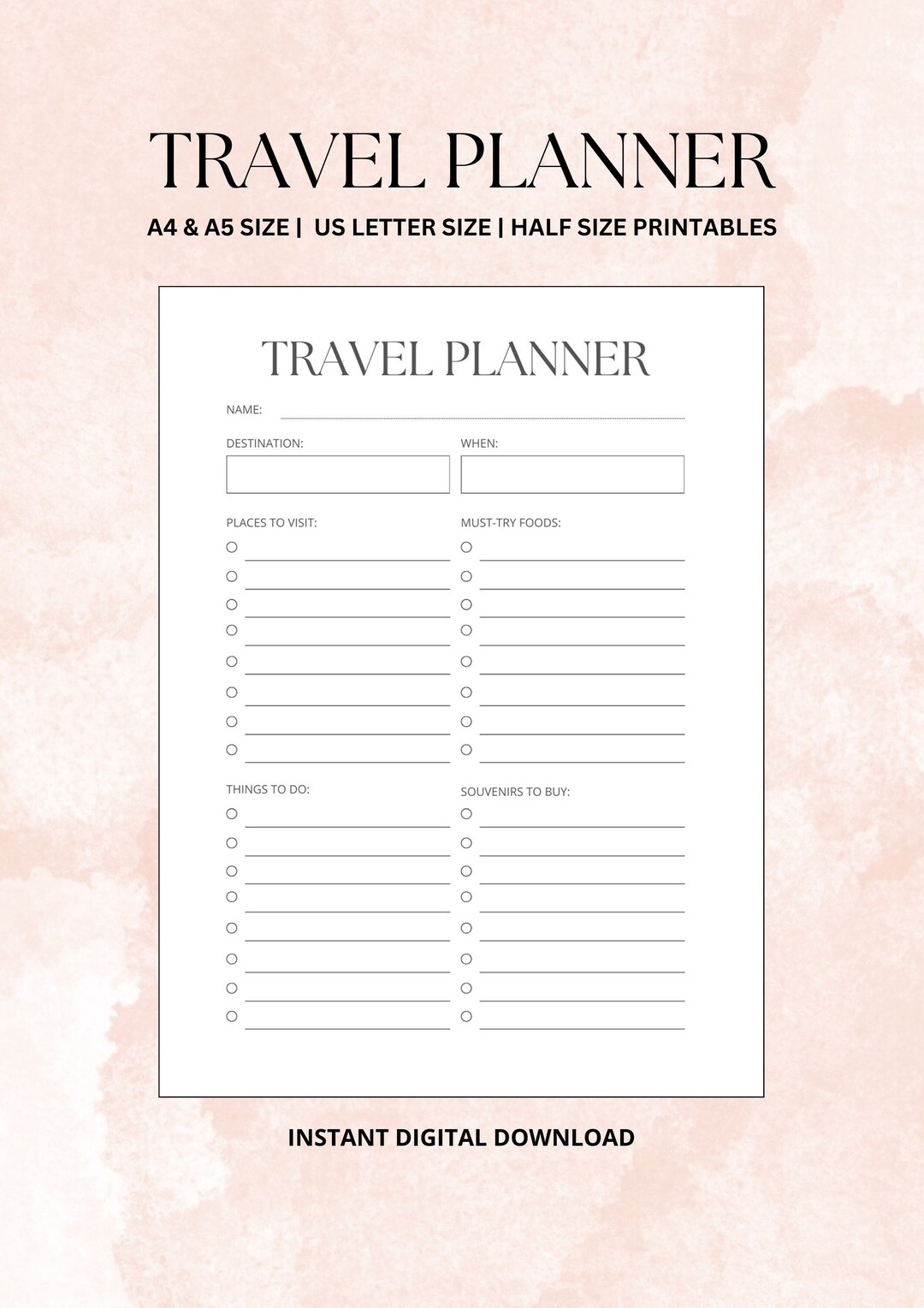 Travel Planner | Travel Checklist | Template | Printable PDF Digital ...