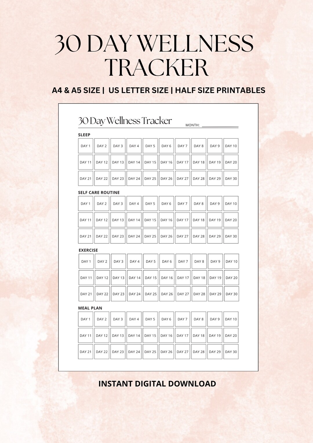 30 Day Wellness Tracker Sleep Self Care Exercise Meal Plan Checklist ...