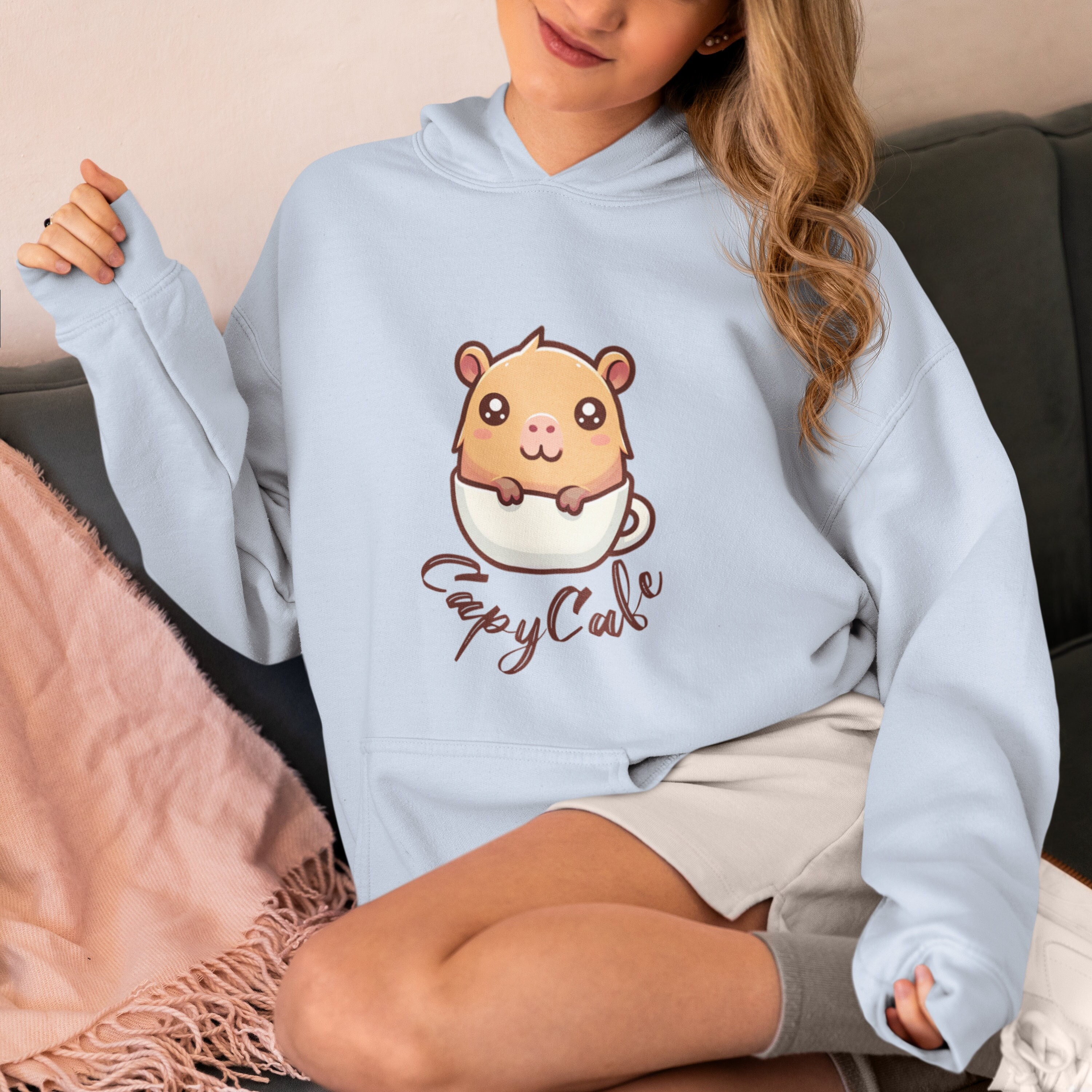Capy Cafe Kawaii Blue Hoodie Cute Kawaii Capybara Lover Coffee Lover ...
