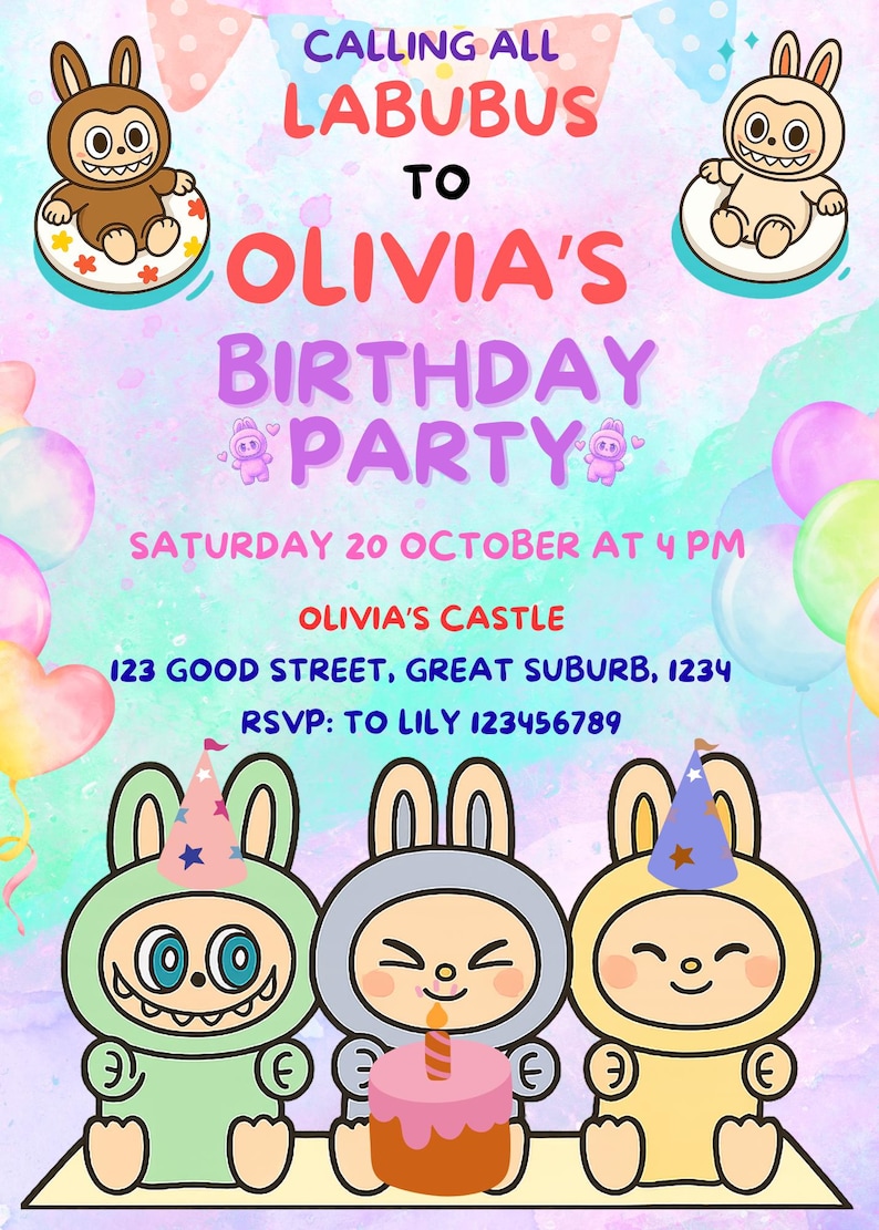 Editable Labubu Birthday Invitation & Watercolor Labubu Invite Canva ...