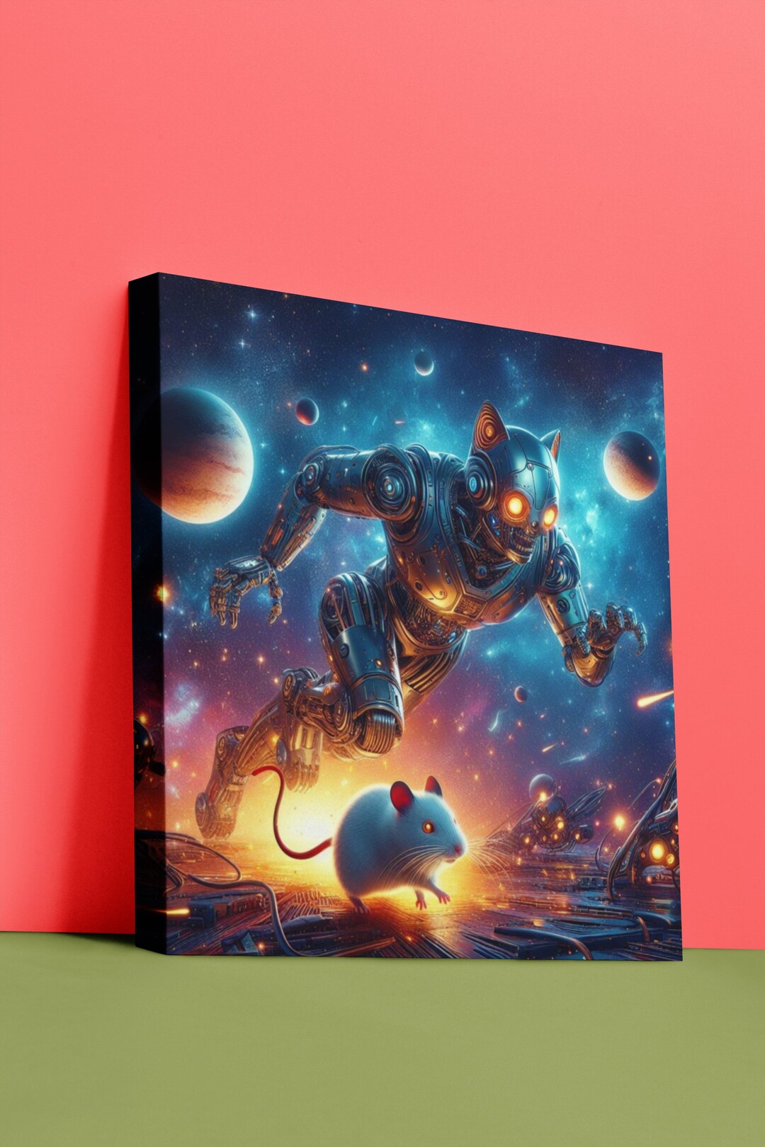 Cybercat With White Rat Poster Fun Digital Print Wall Art for Children ...