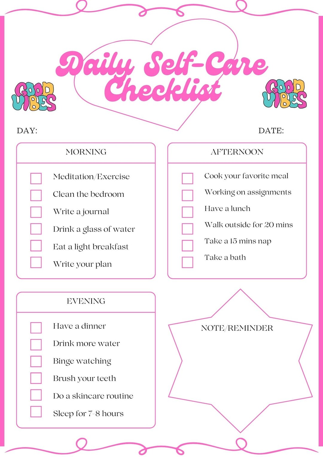 Daily Self-care Checklist - Etsy