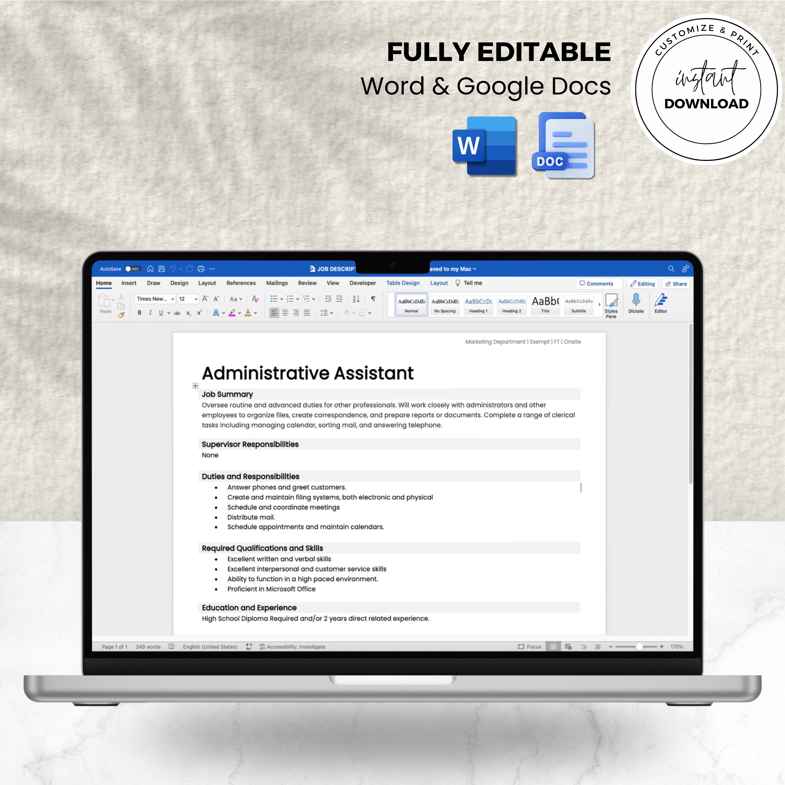 Job Description Template | Fully Editable MS Word and Google Docs ...