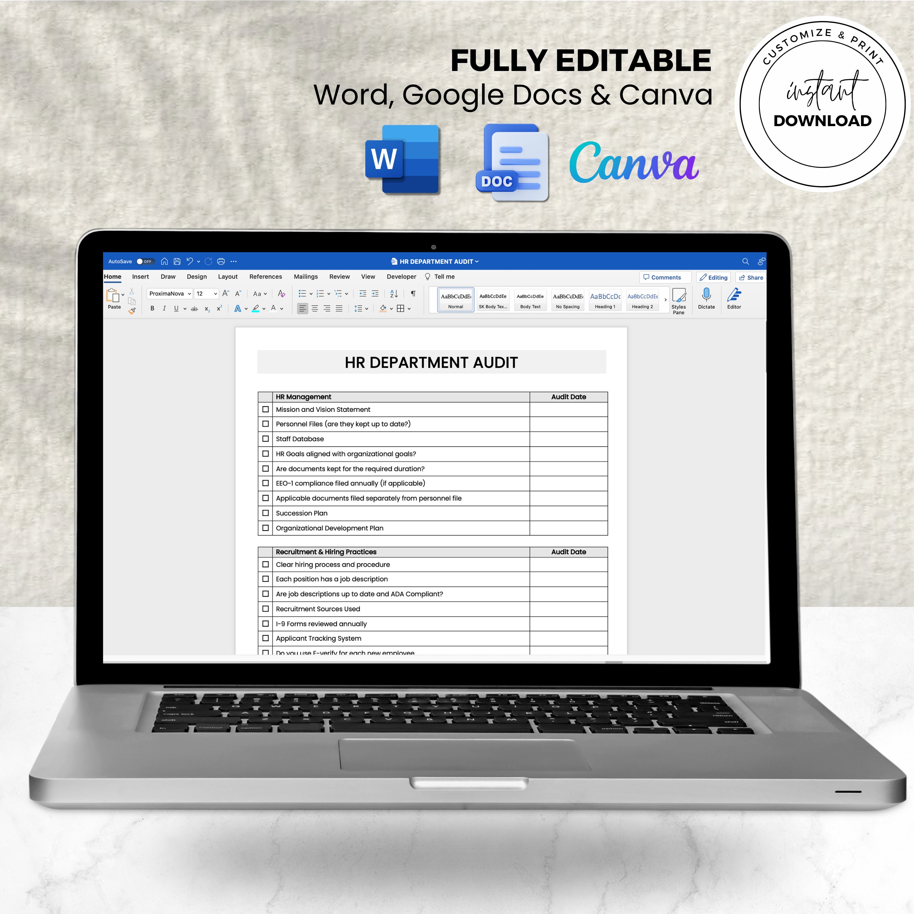Human Resources Department Audit | Checklist Internal Audit | Editable ...