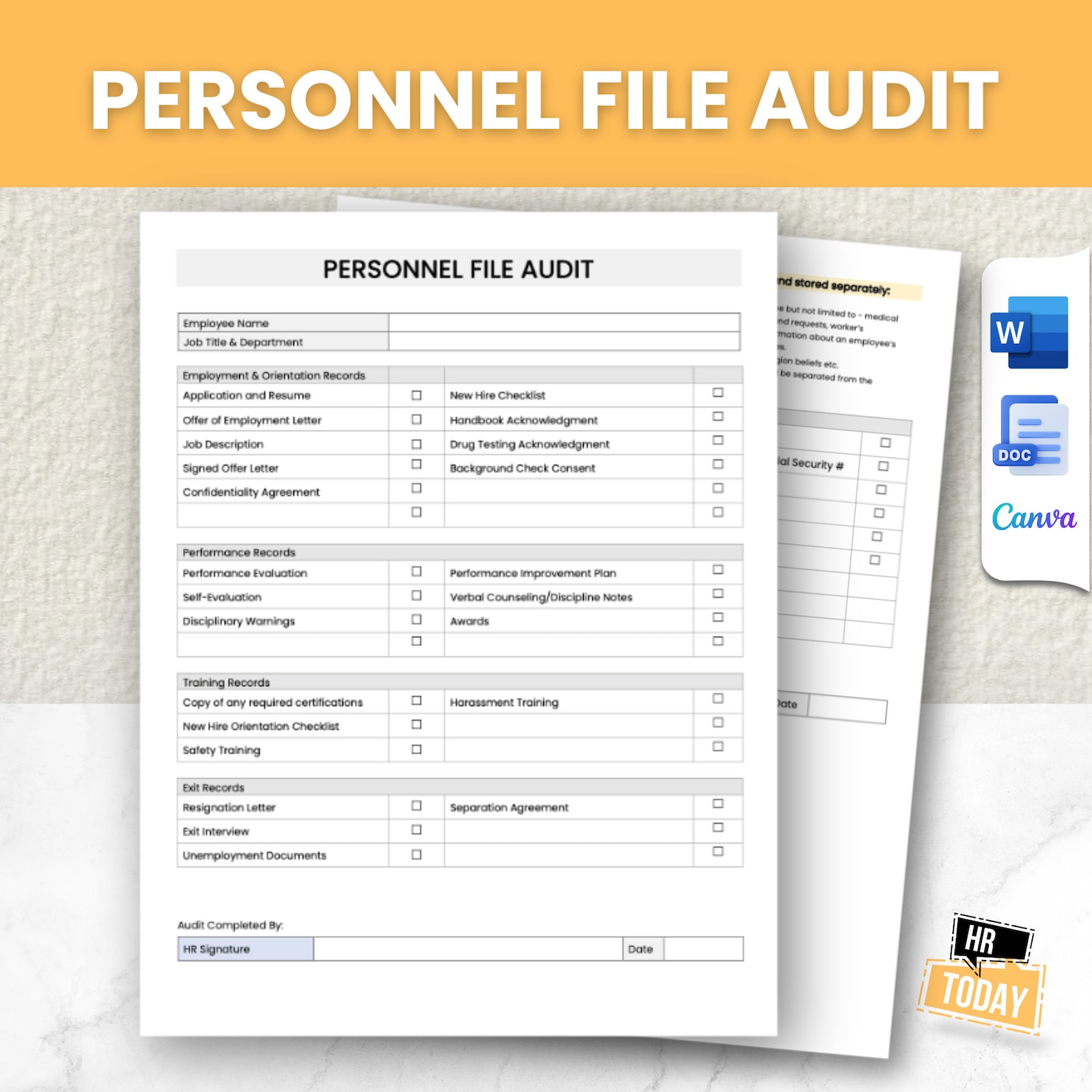 Personnel File Audit Form | Employee File | HR Audit Form | Word ...