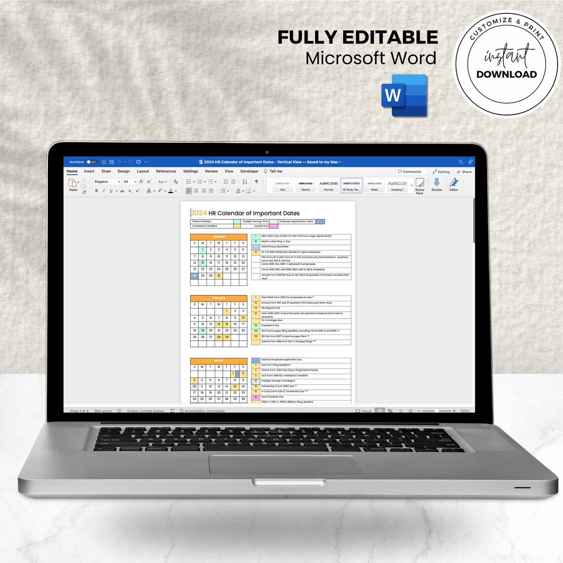 2024 HR Calendar Key Dates | Compliance Deadlines | Federal Holidays ...