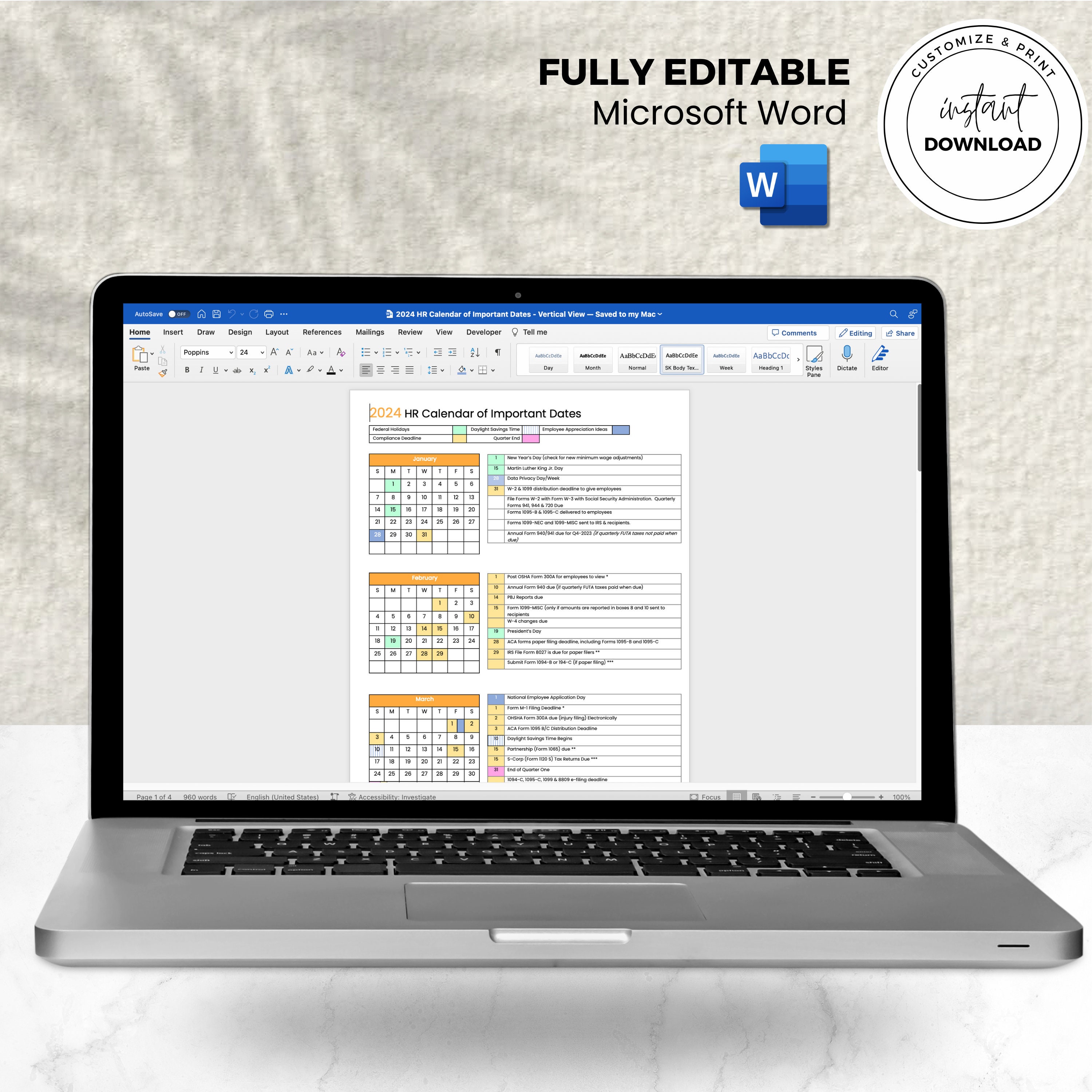 2024 HR Calendar Key Dates | Compliance Deadlines | Federal Holidays ...