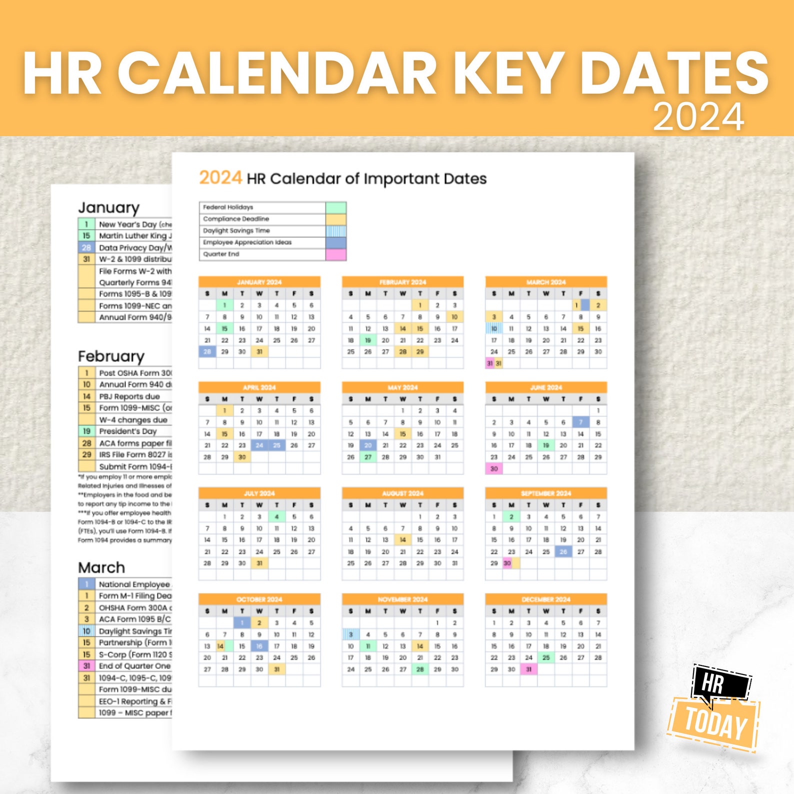 2024 HR Calendar Key Dates | Compliance Deadlines | Federal Holidays ...
