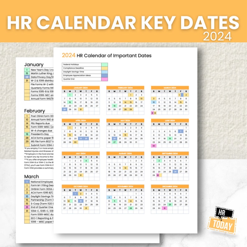 2024 HR Calendar Key Dates | Compliance Deadlines | Federal Holidays ...