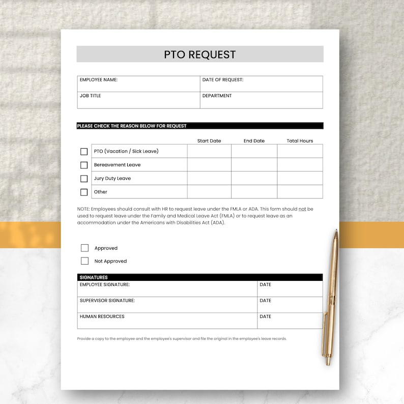 PTO (paid Time Off) Request Form, Human Resources Form, Vacation ...