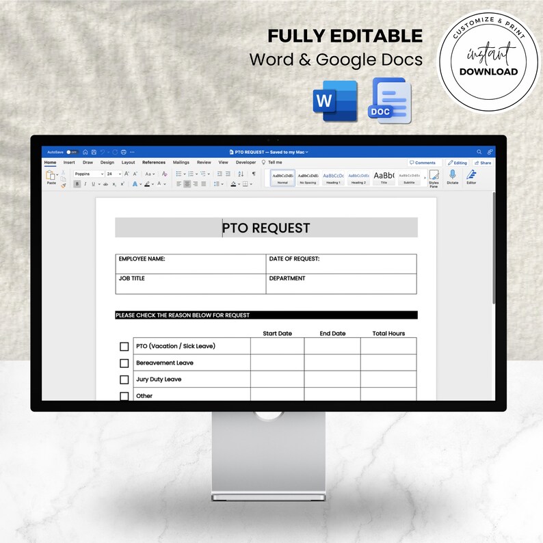 PTO (paid Time Off) Request Form, Human Resources Form, Vacation ...