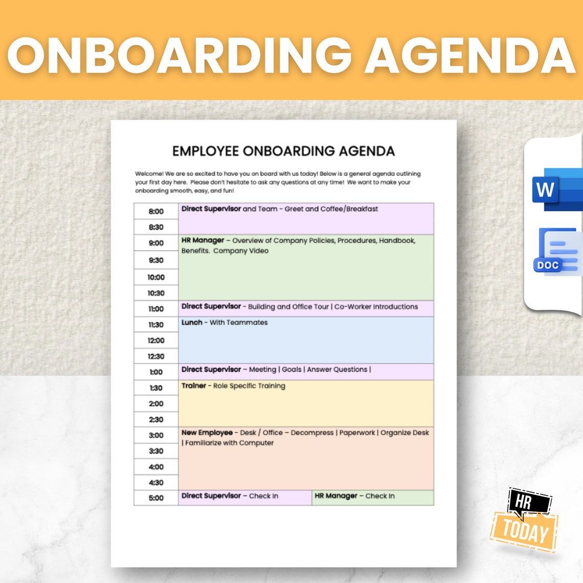 Employee Onboarding Agenda | New Hire | New Employee Calendar | HR ...
