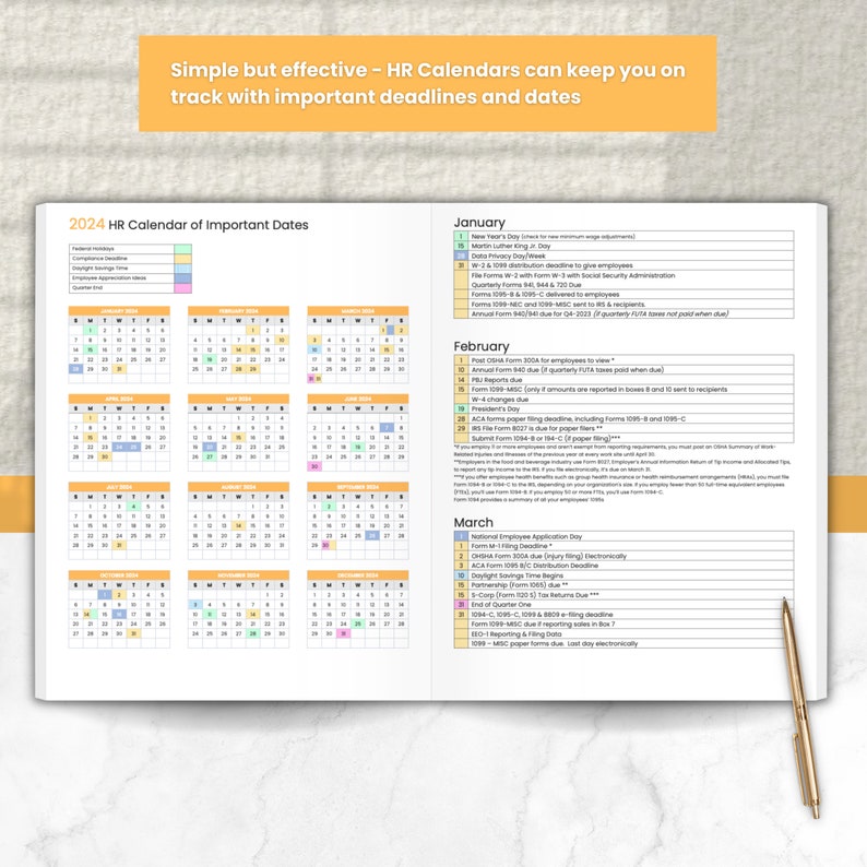 2024 HR Calendar Key Dates | Compliance Deadlines | Federal Holidays ...