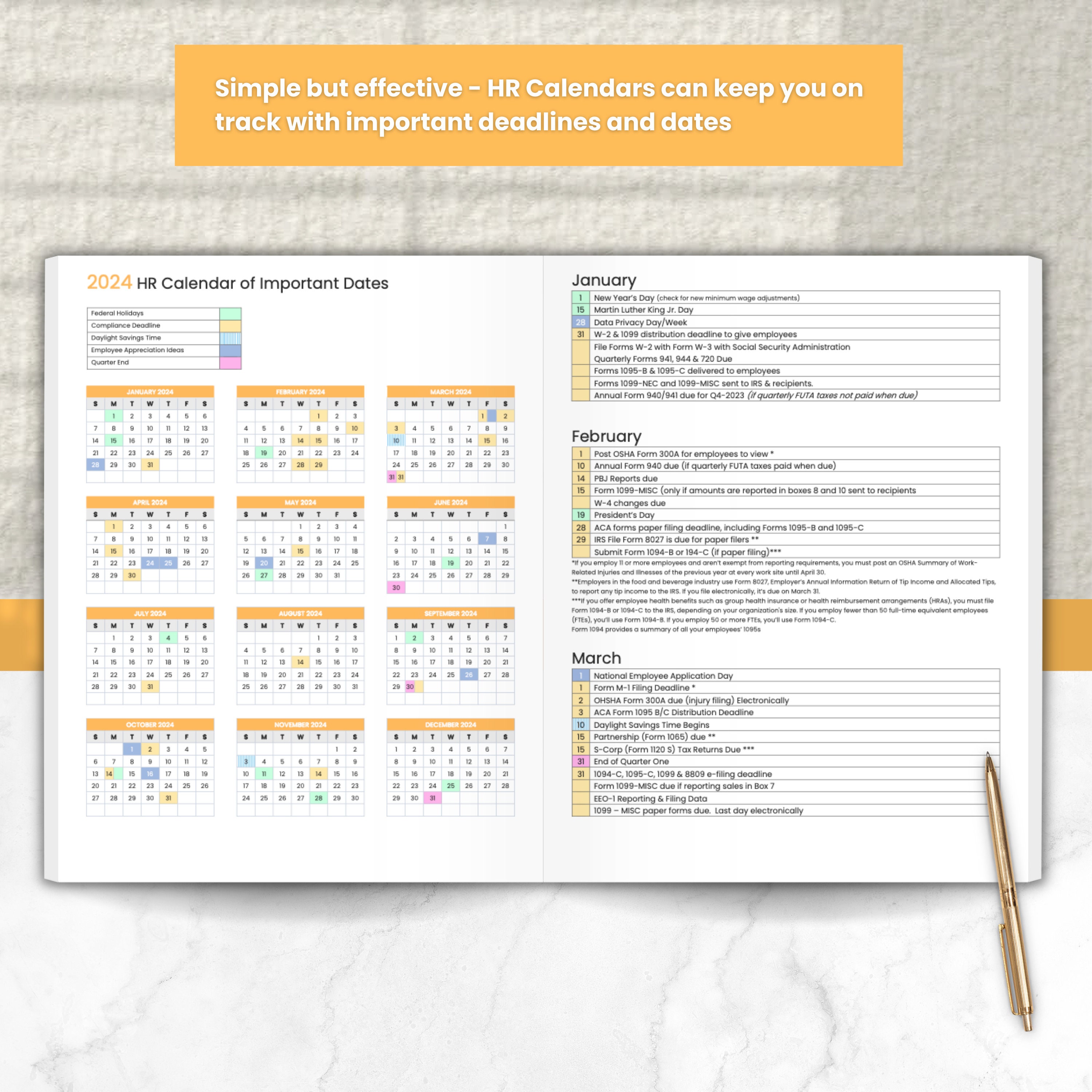 2024 HR Calendar Key Dates | Compliance Deadlines | Federal Holidays ...