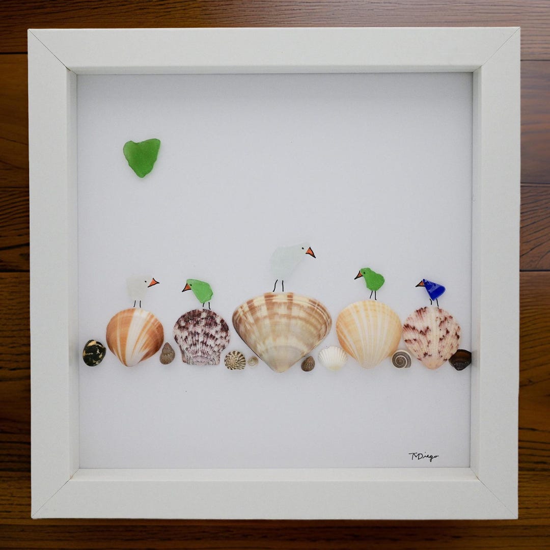 Framed Sea Shell Wall Art, Framed Sea Glass Art, Colorful Sea Glass ...