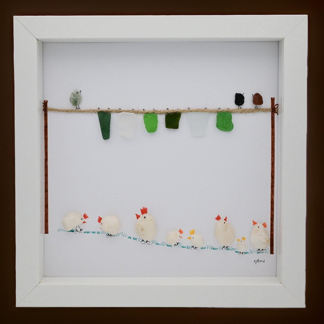 Sea Glass Chicken Artwork, Pebble Beach Art, Laundry Line, 9x9 Framed ...