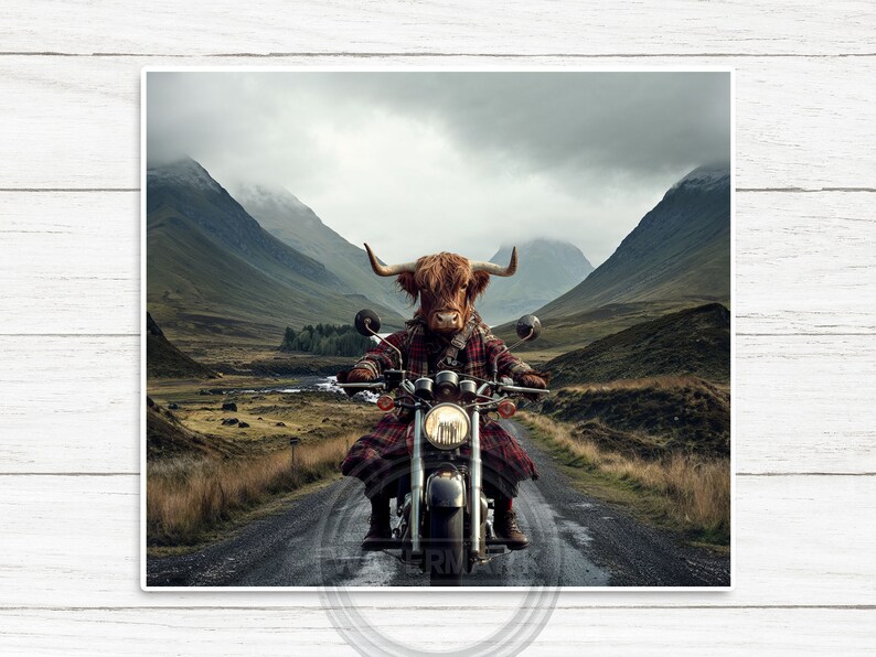 Funny Highland Cow on a Motorbike Sublimation Design for 20oz Tumbler ...