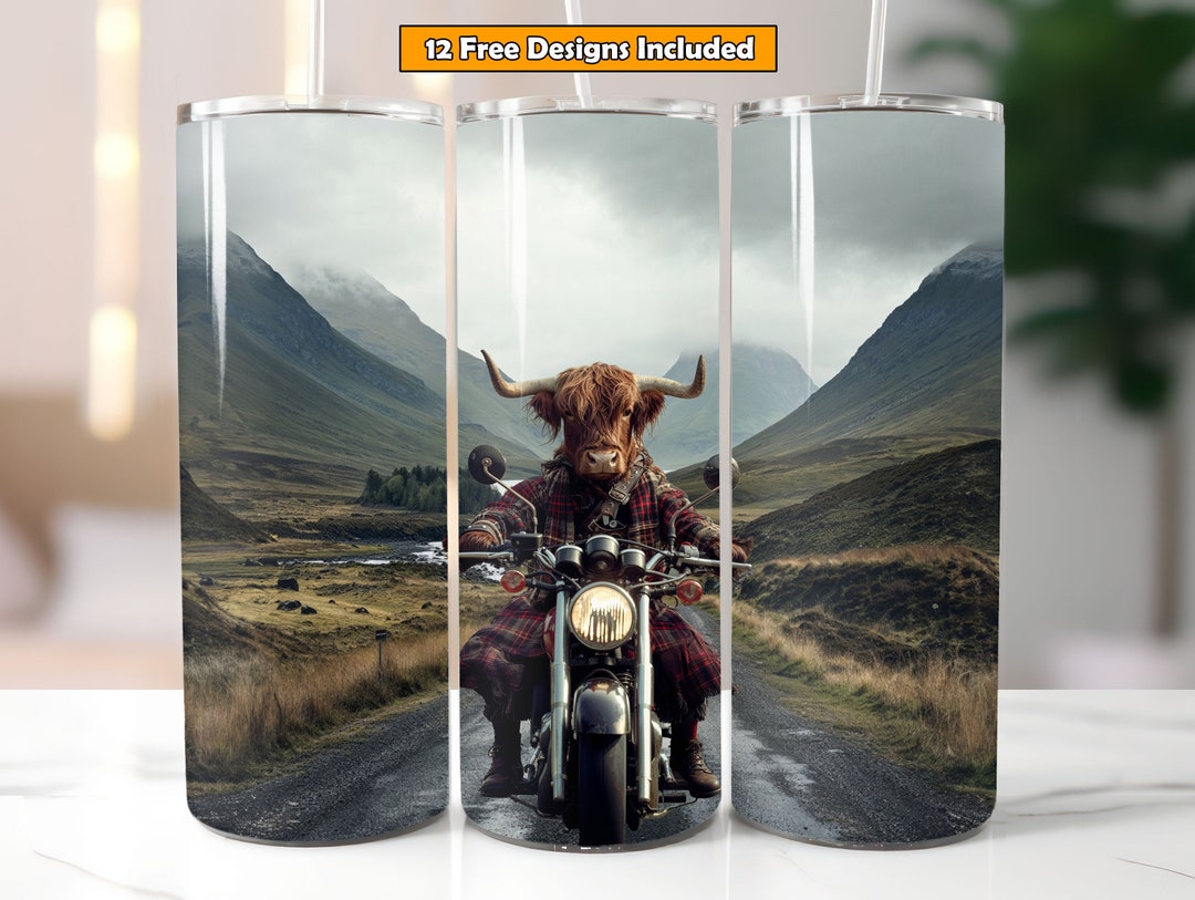 Funny Highland Cow on a Motorbike Sublimation Design for 20oz Tumbler ...