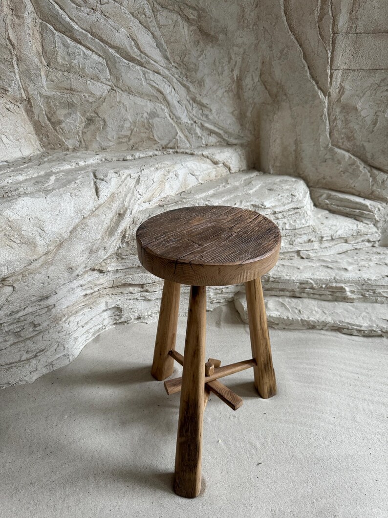 Small Round Stool Made From Natural Antique Oak, Handmade Plant Holder ...