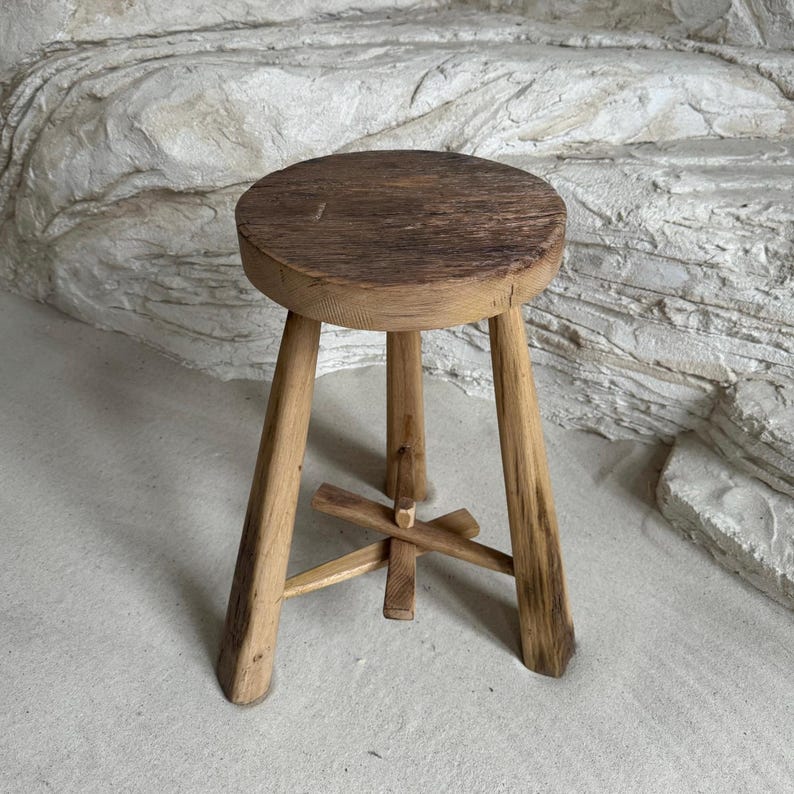 Small Round Stool Made From Natural Antique Oak, Handmade Plant Holder ...
