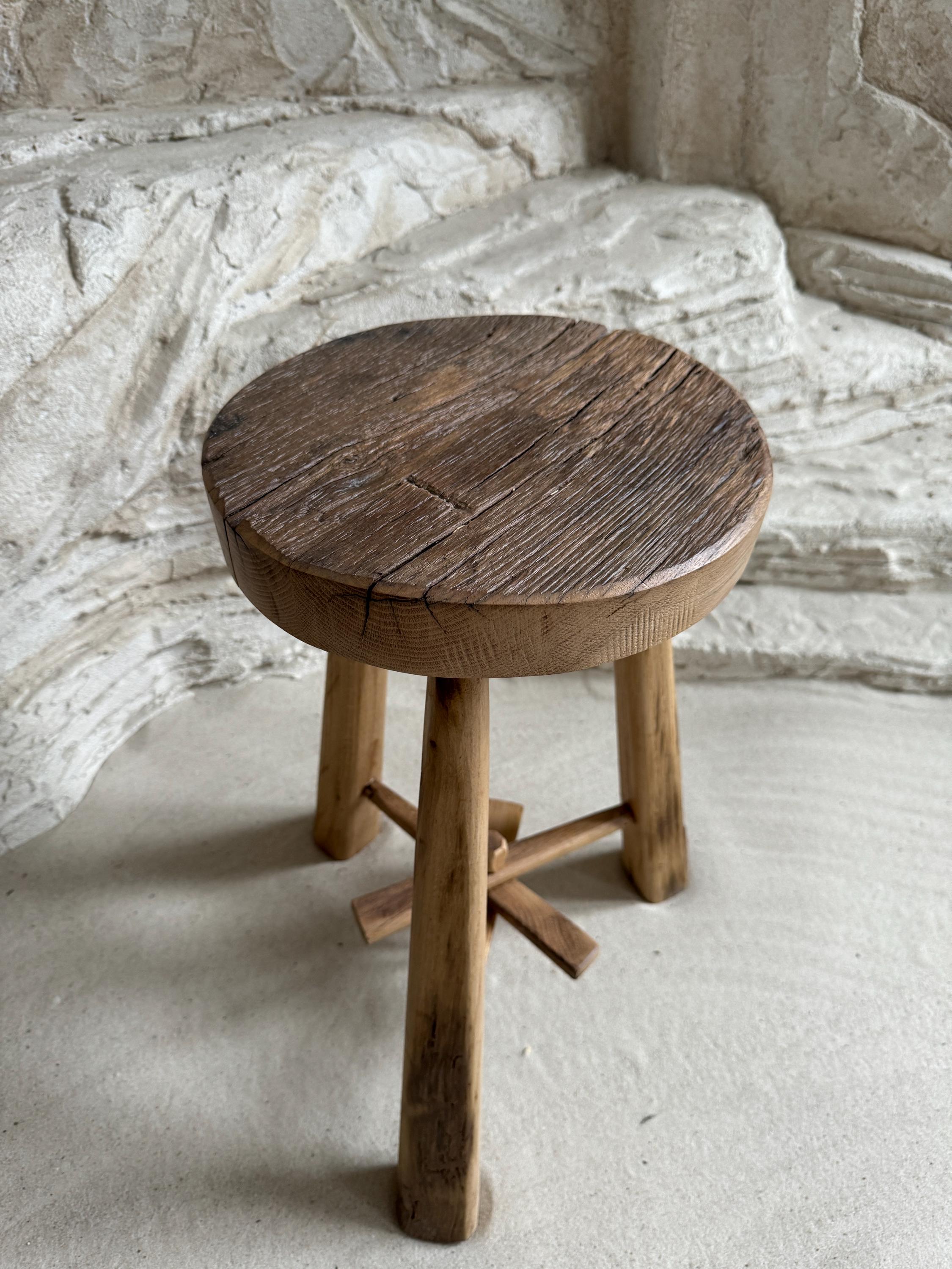 Small Round Stool Made From Natural Antique Oak, Handmade Plant Holder ...