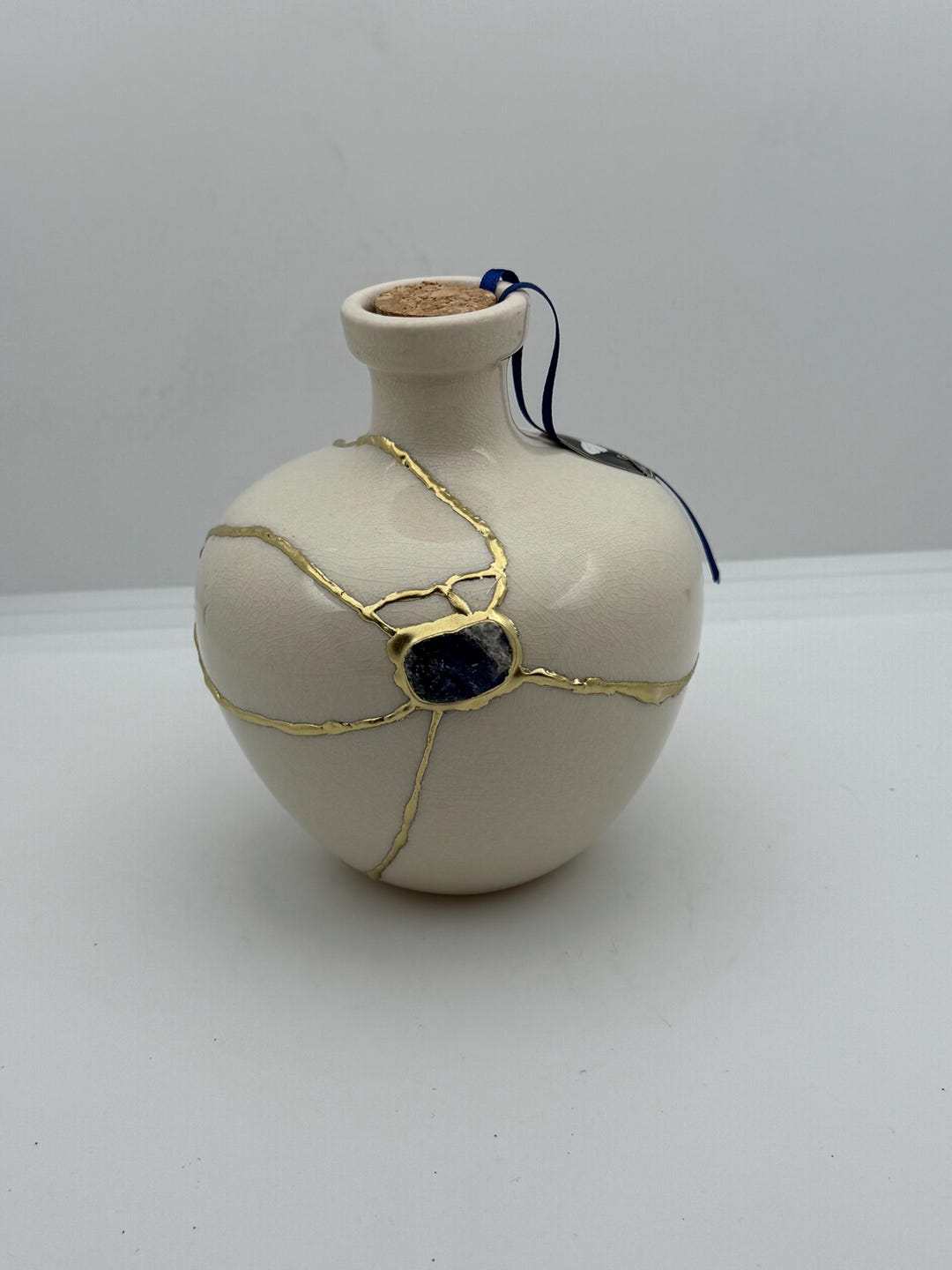 Kintsugi Urn | White Ceramic Memorial Urn With Blue-white Gemstone ...