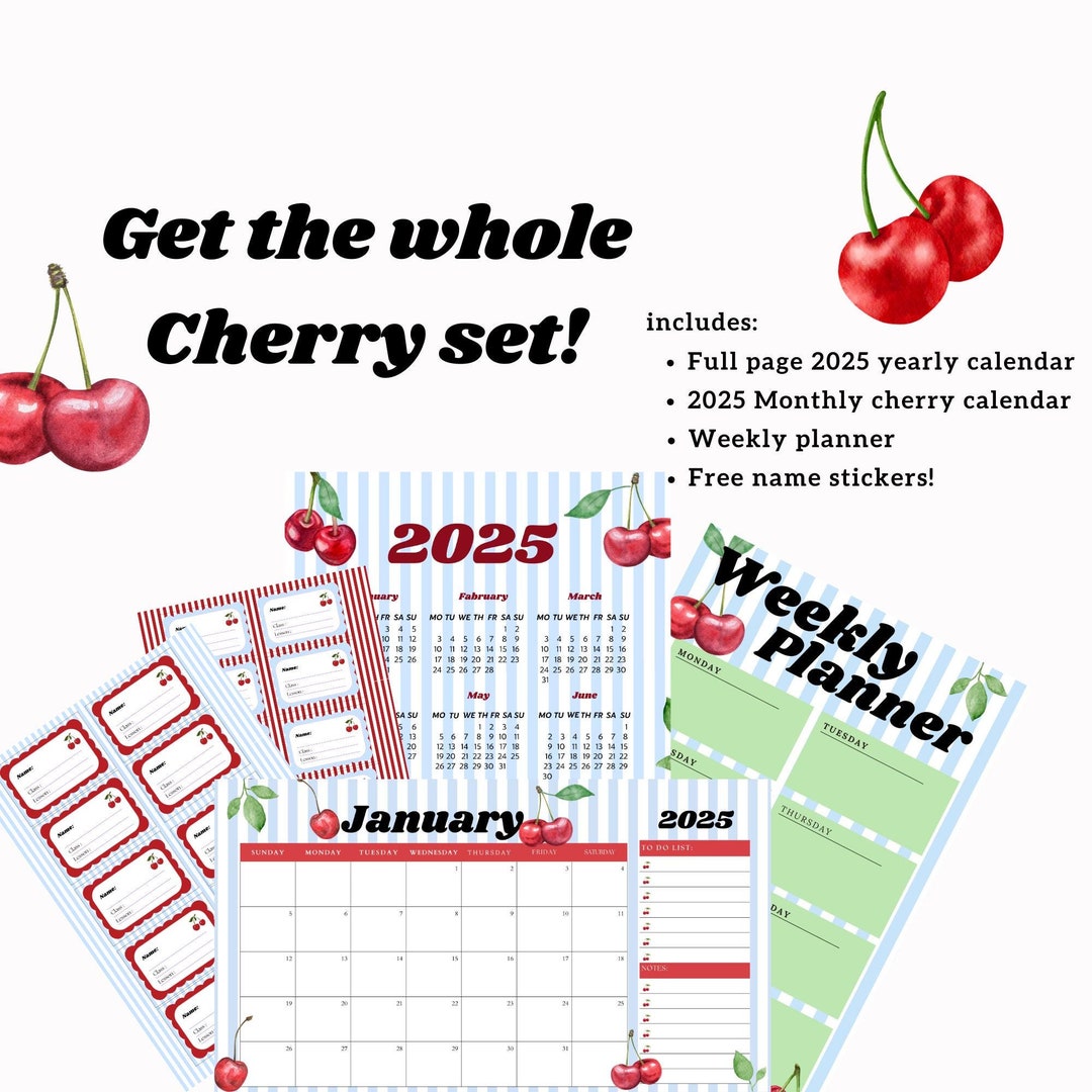 Cherry Calender 2025, Cherry Weekly Planner, Printable Calendar, Cherry ...