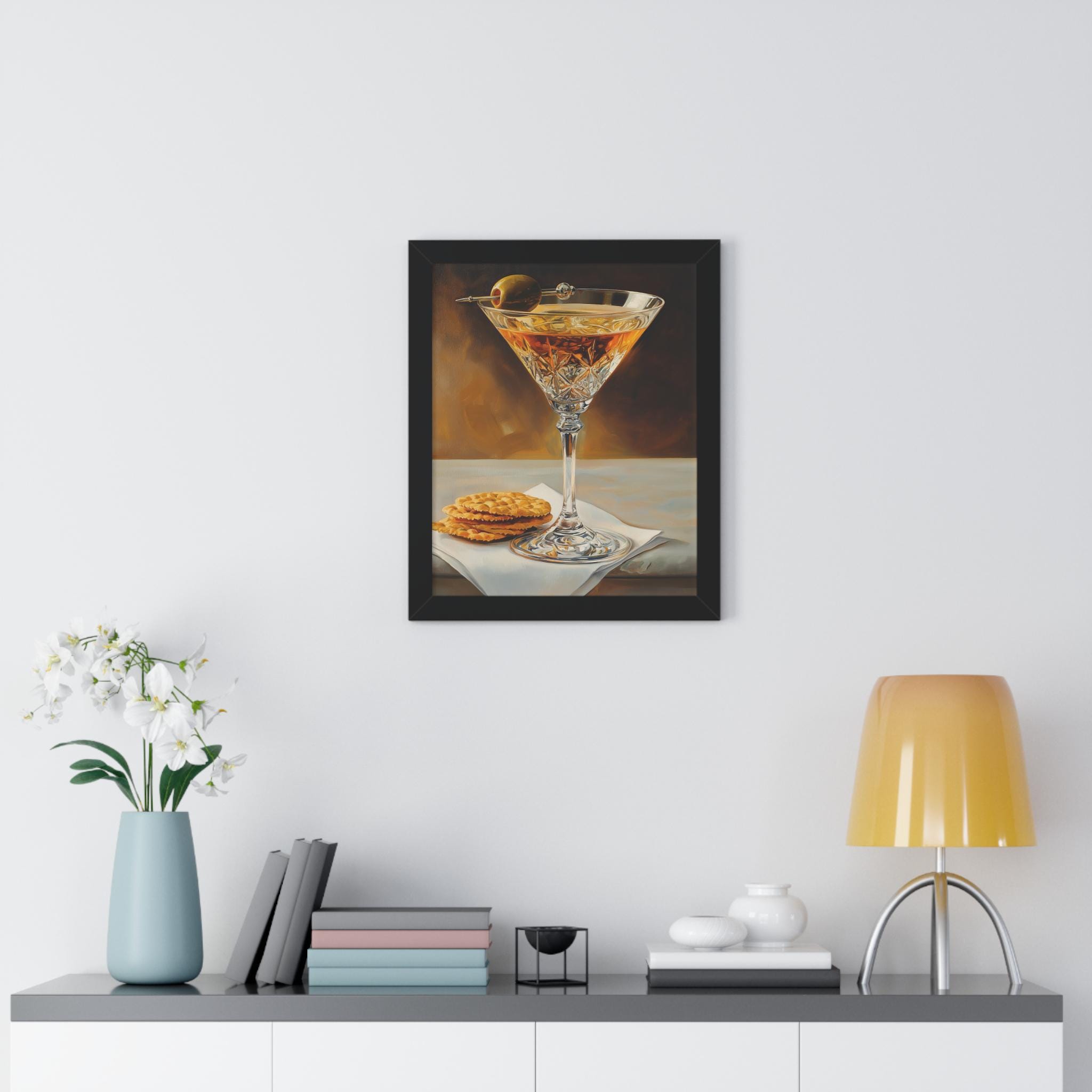 Dirty Martini and Cheese Crackers With Olive on Napkin Elegant Oil ...
