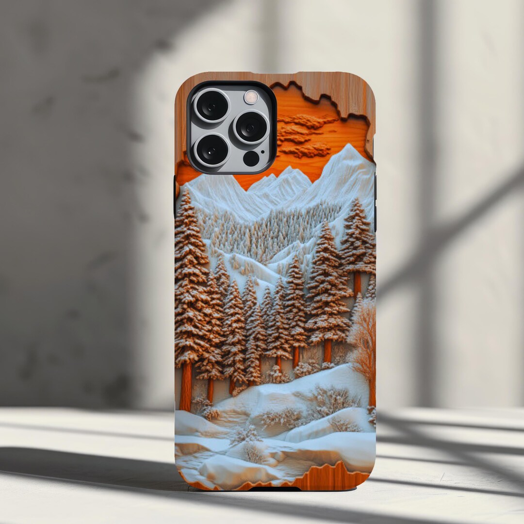 3D Faux Wood Carving Mountains and Pine Trees Nature Phone Case, Orange ...