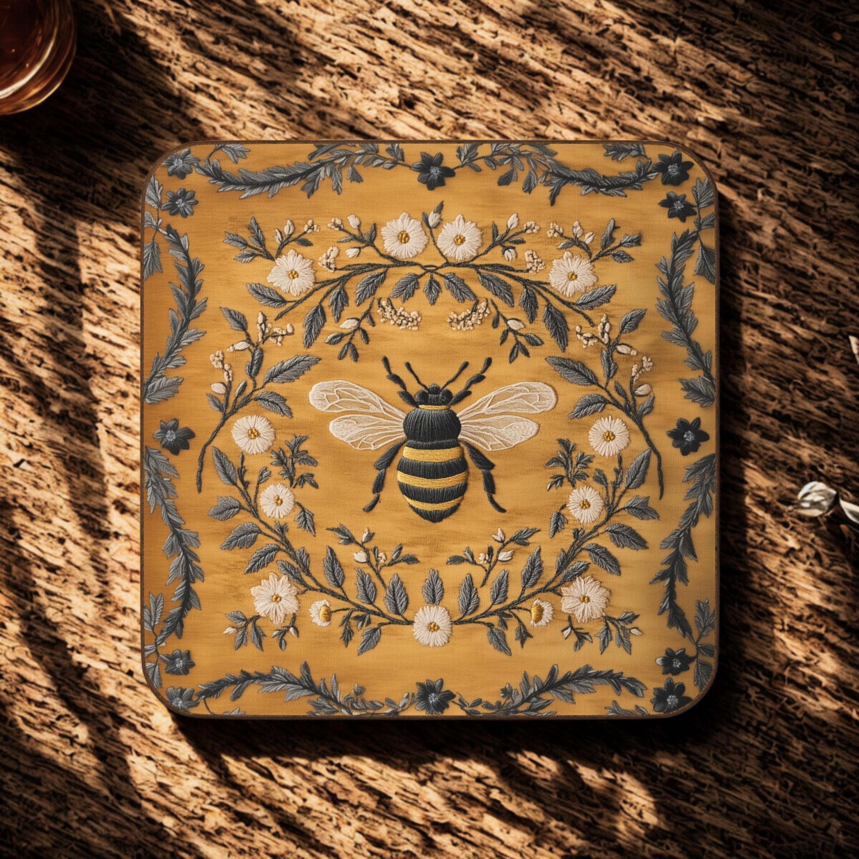 Dark Moody Floral Bee Cottagecore Hardboard Coaster, Bumble Bee Home ...