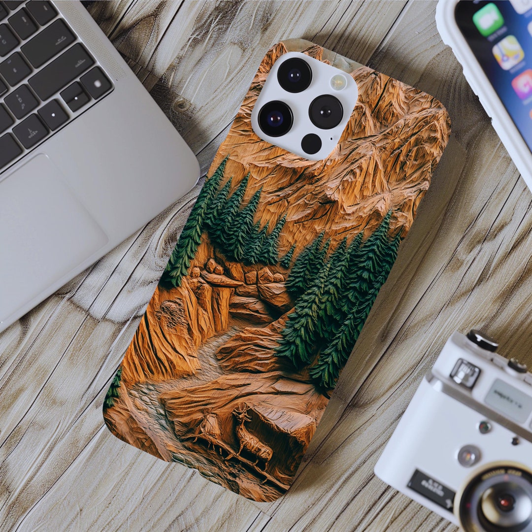 Rustic Wood Carved Artful Mountain Deer Phone Case, 3D Faux Wood Nordic ...