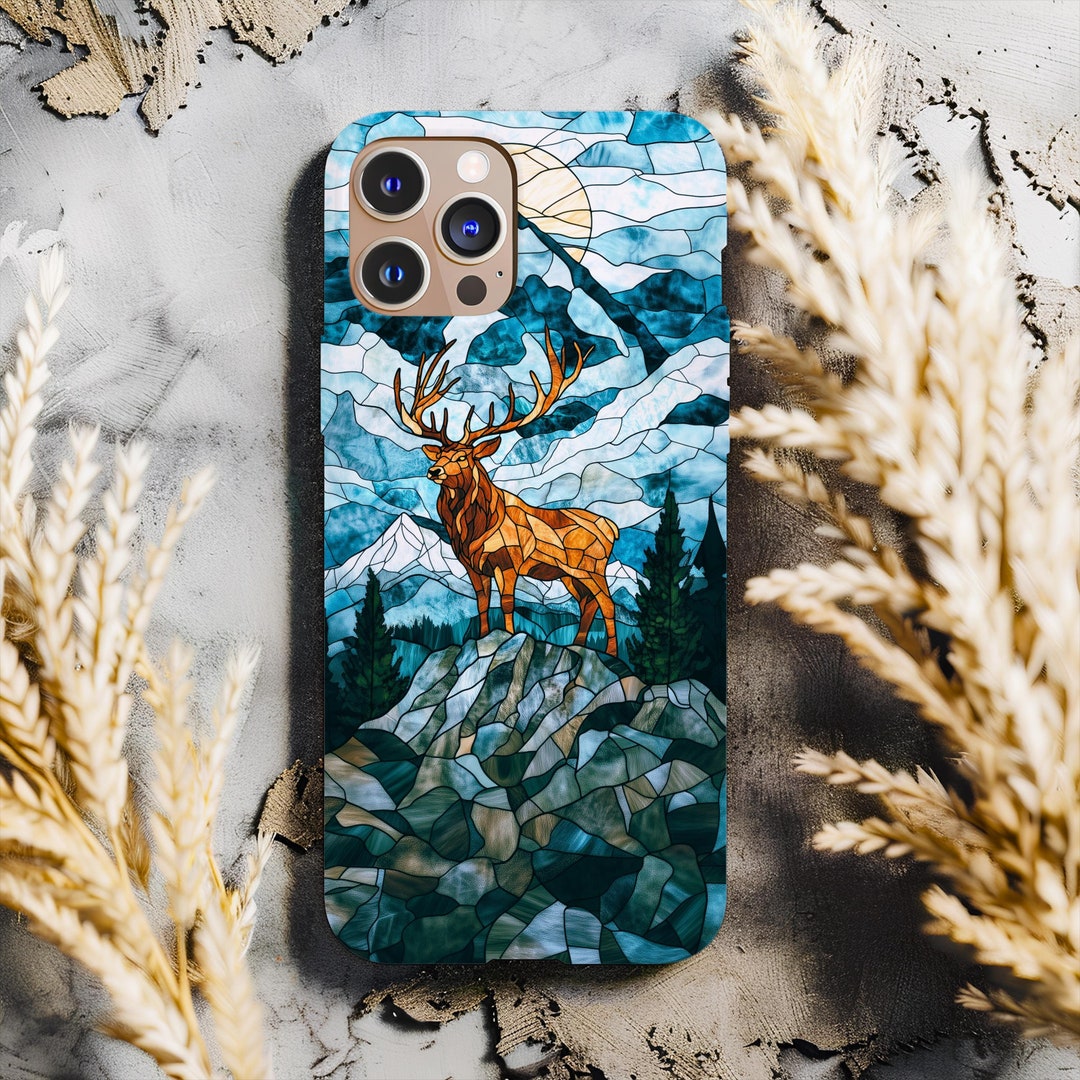 Deer Stag Elk Sunset Mountain Pine Trees Faux Stained Glass Phone Case ...