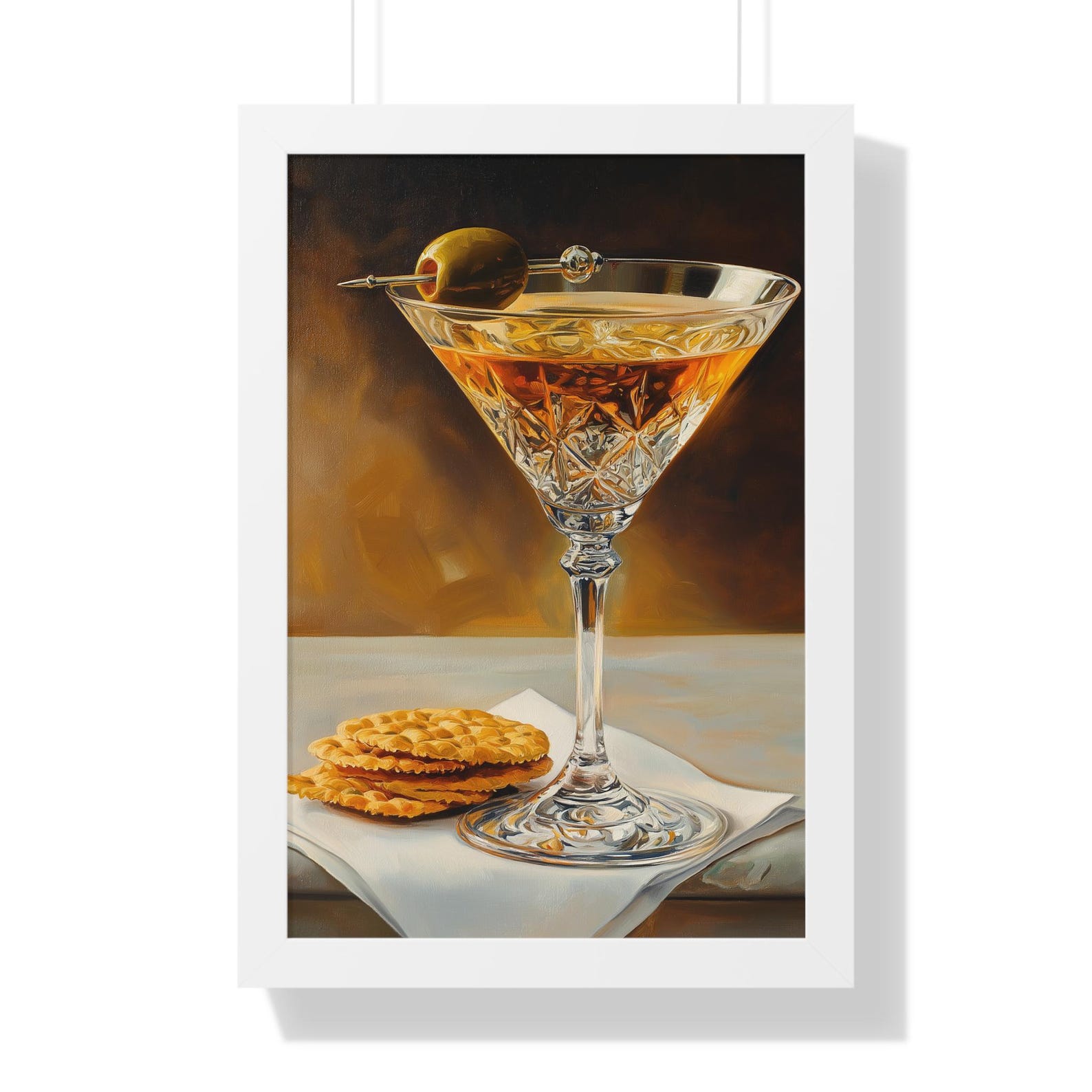 Dirty Martini and Cheese Crackers With Olive on Napkin Elegant Oil ...