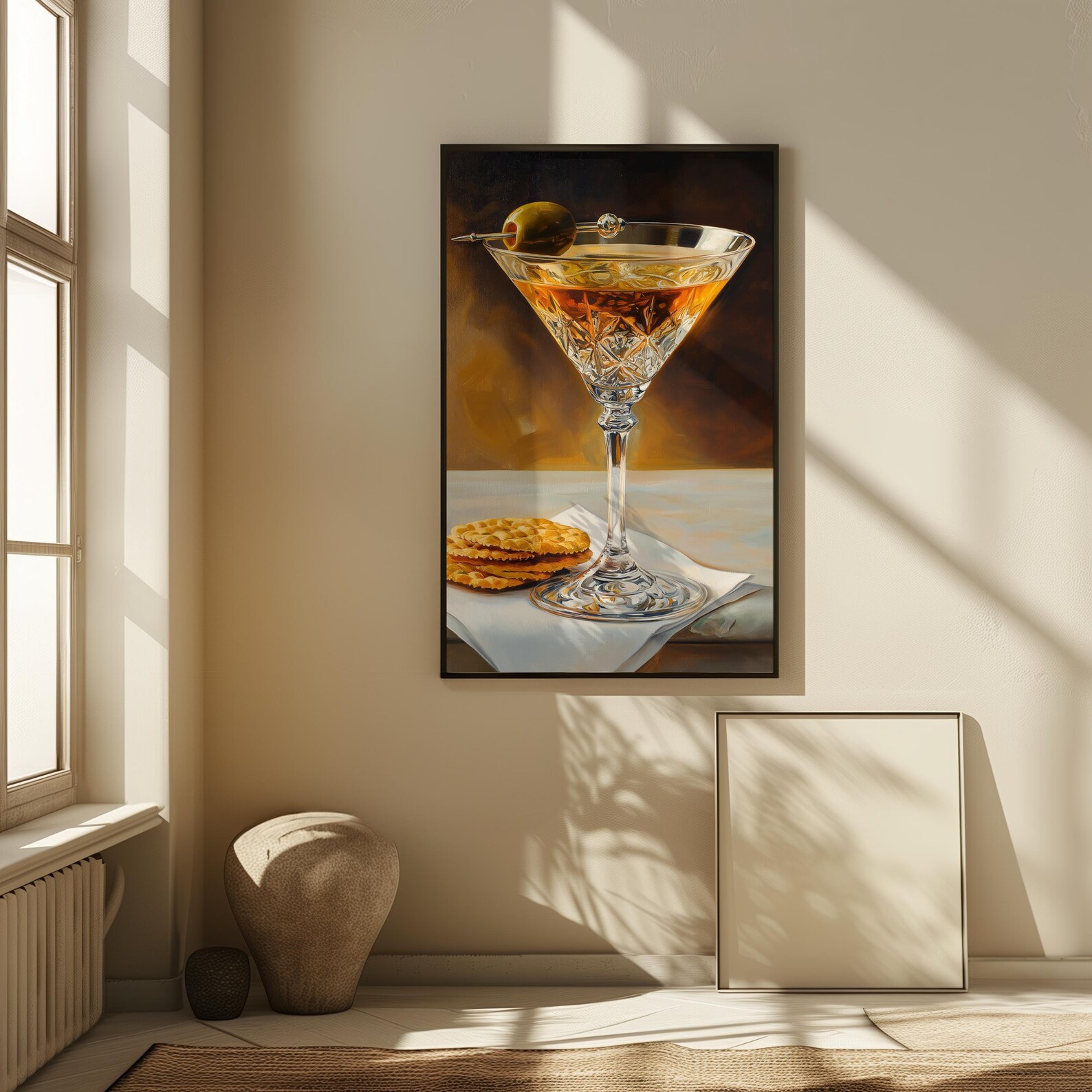 Dirty Martini and Cheese Crackers With Olive on Napkin Elegant Oil ...