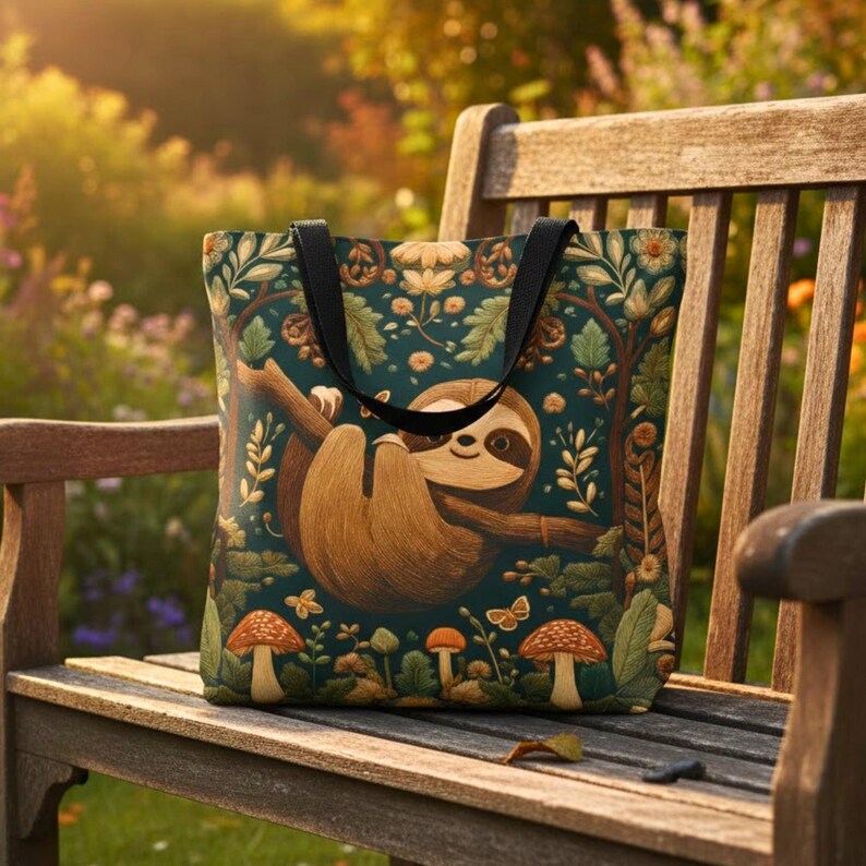 Cute Sloth Nature Forest Whimsical Mushrooms Tote Bag Gift, Cottagecore ...