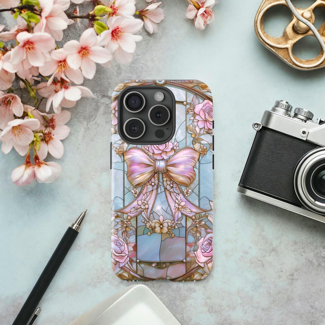 Stained Glass Cute Preppy Coquette Floral Phone Case, Pink Mosaic ...