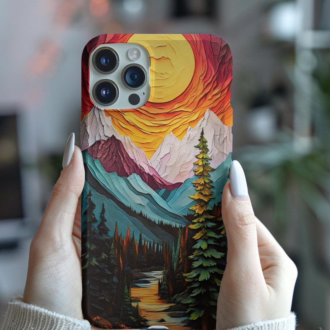 Colorful Rustic Wood Carving Artful Snowy Mountain, Forest, River ...
