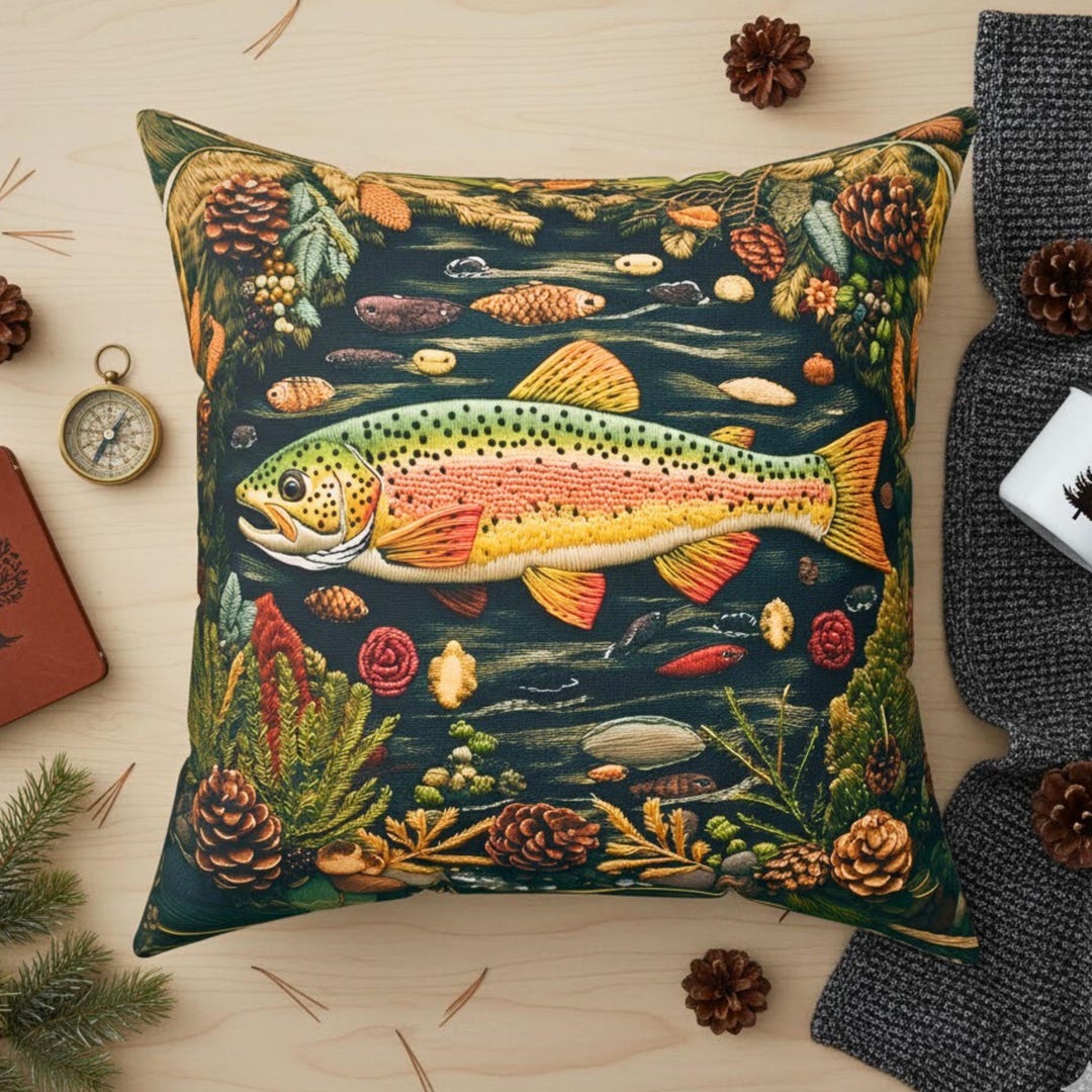 Rustic Rainbow Trout Fly Fishing Decor Pillow, Nature Hunting Fishing ...