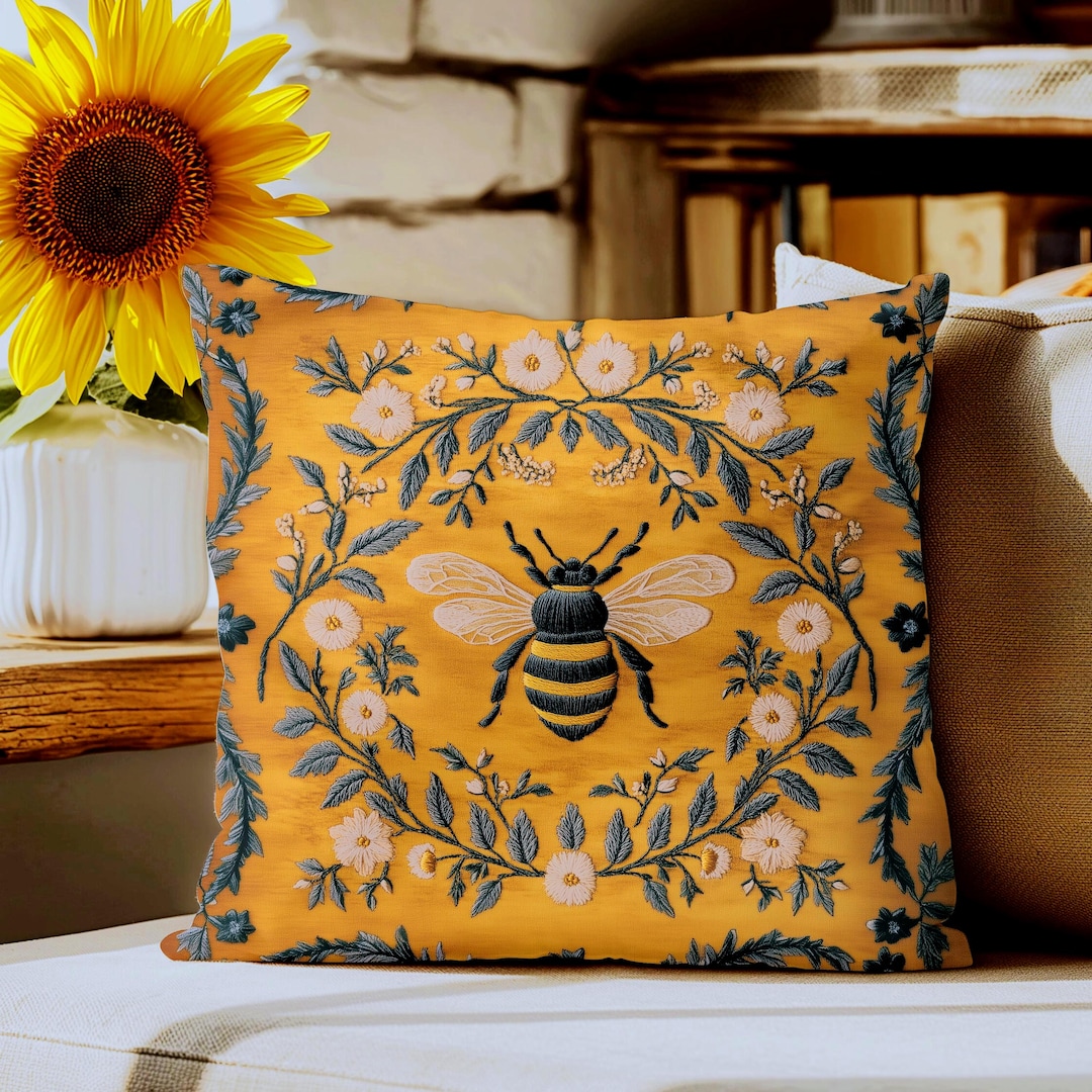 Cute Gold Vintage Floral Bumble Bee Cottagecore Decor Throw Pillow Gift ...