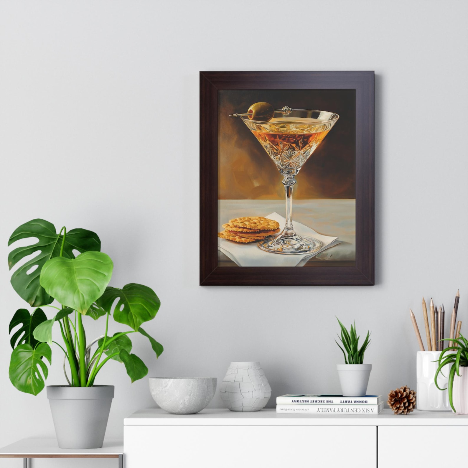 Dirty Martini and Cheese Crackers With Olive on Napkin Elegant Oil ...