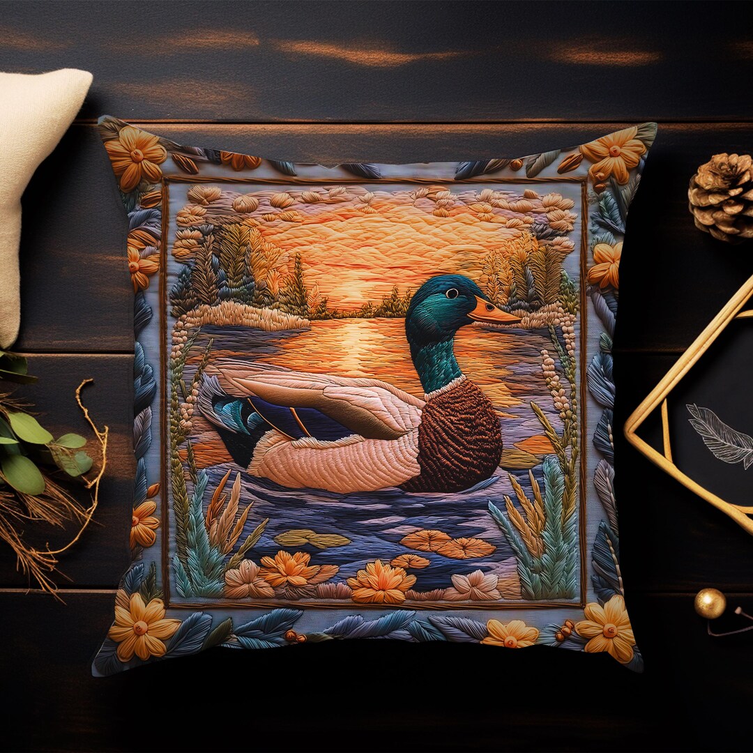 Mallard Duck Faux Embroidered Floral Pillow, Rustic Wildlife Decor ...